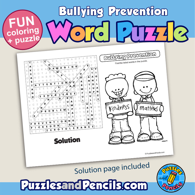 Bullying Prevention Word Search Puzzle Activity and Coloring ...