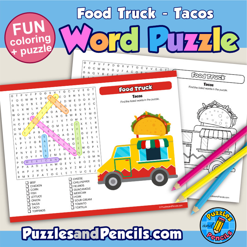 Taco Food Truck Word Search Puzzle Activity and Coloring | Wordsearch ...