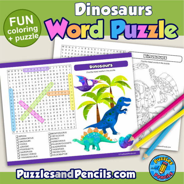 Dinosaurs Word Search Puzzle Activity and Coloring | Wordsearch | Made ...
