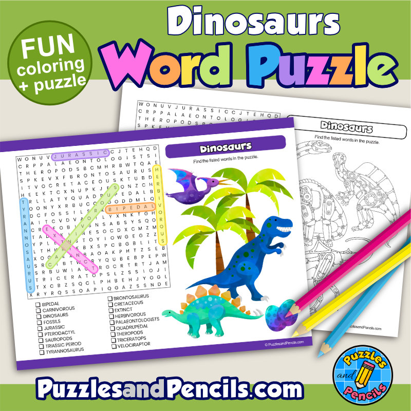 Dinosaurs Word Search Puzzle Activity and Coloring | Wordsearch | Made ...