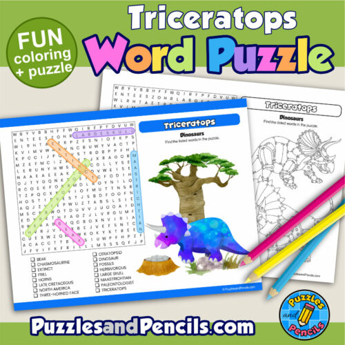 Triceratops Word Search Puzzle Activity and Coloring | Dinosaur ...
