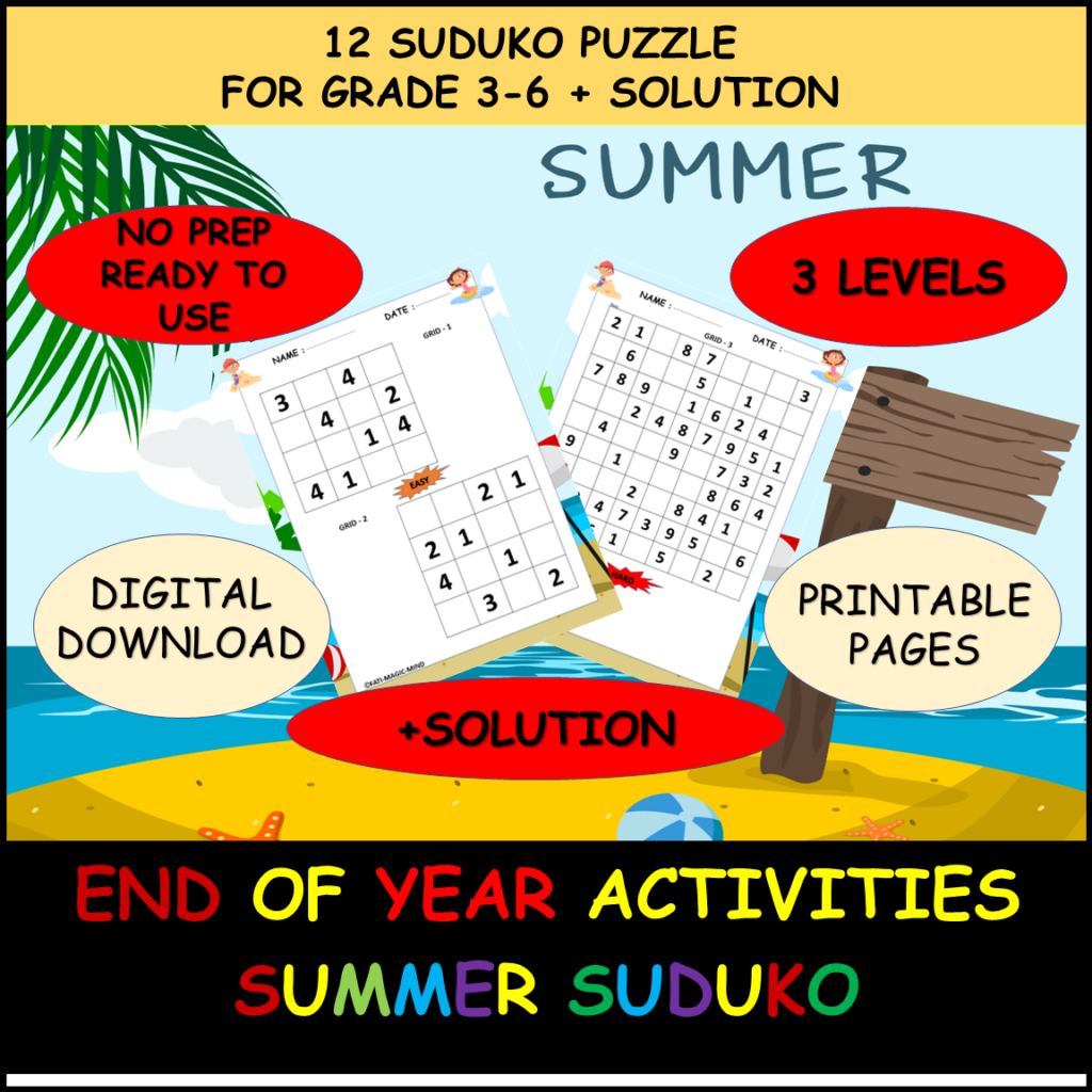 End of the Year Summer Sudoku Printable Puzzle Pages for Grades 3-6 ...