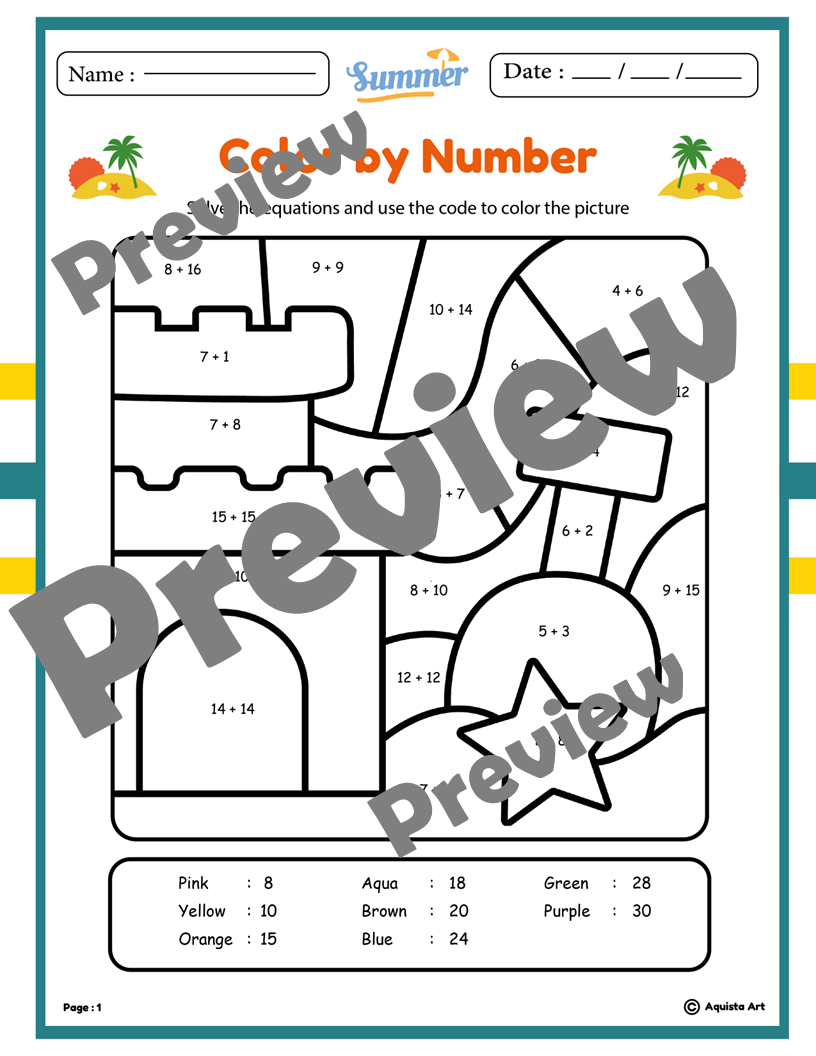 Summer Color by Number : Solve Addition Equations to Unveil the Colors ...