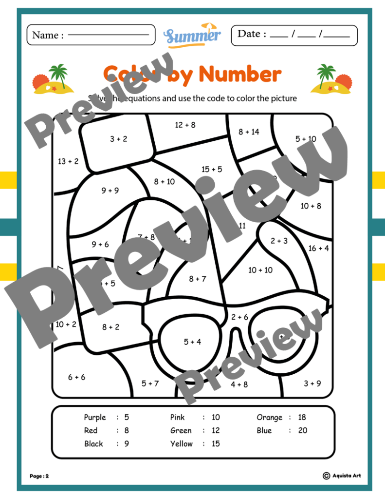 Summer Color by Number : Solve Addition Equations to Unveil the Colors ...