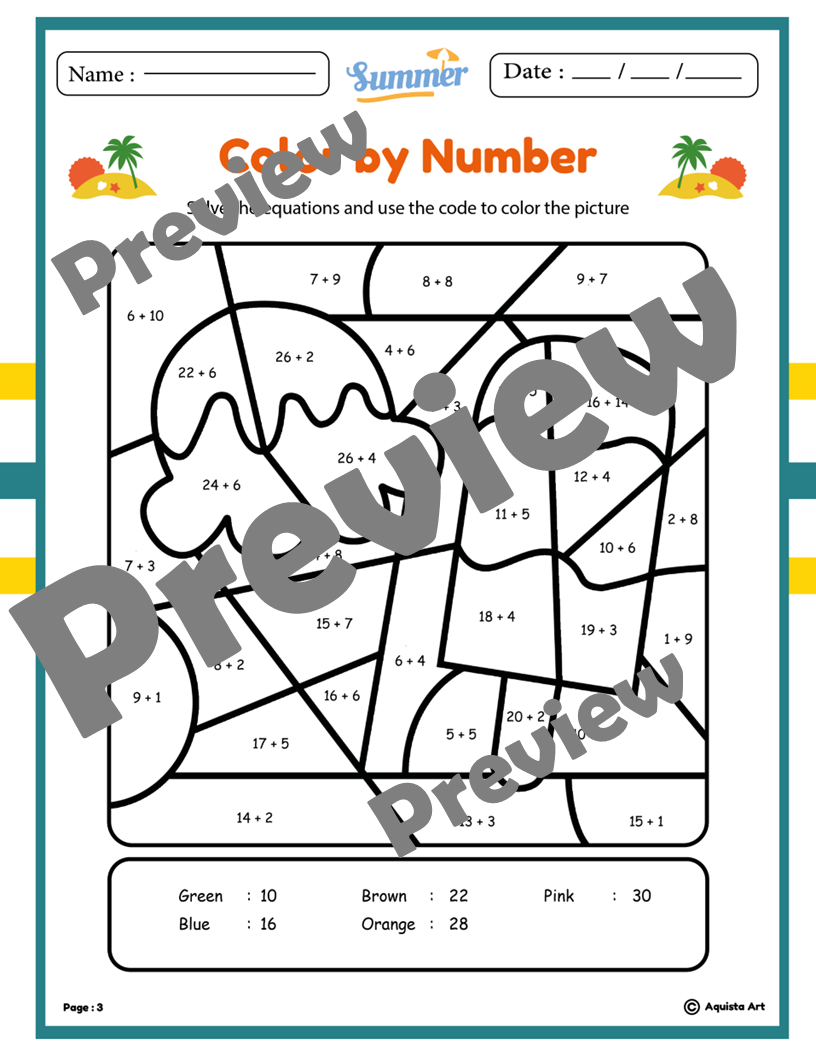 Summer Color by Number : Solve Addition Equations to Unveil the Colors ...