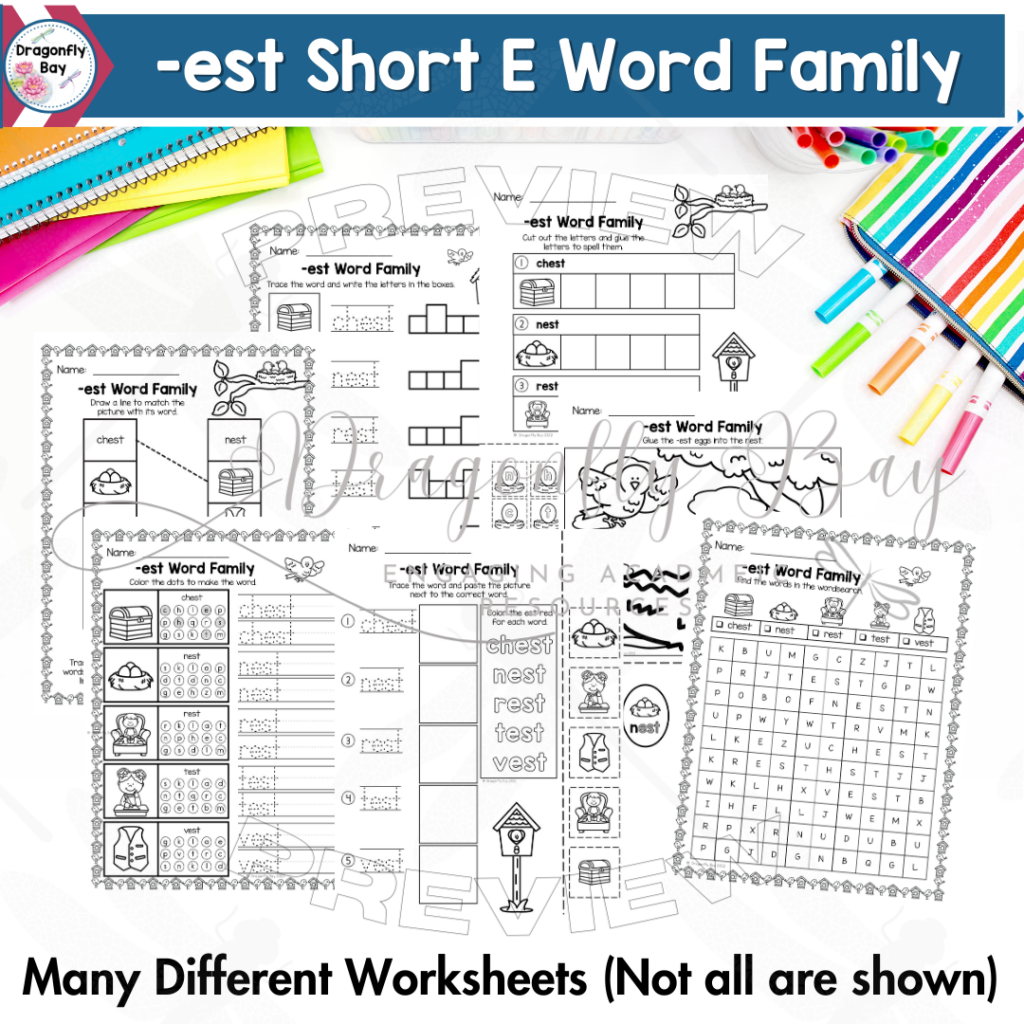 est Short E Word Family Phonics Blending and Spelling Printable ...