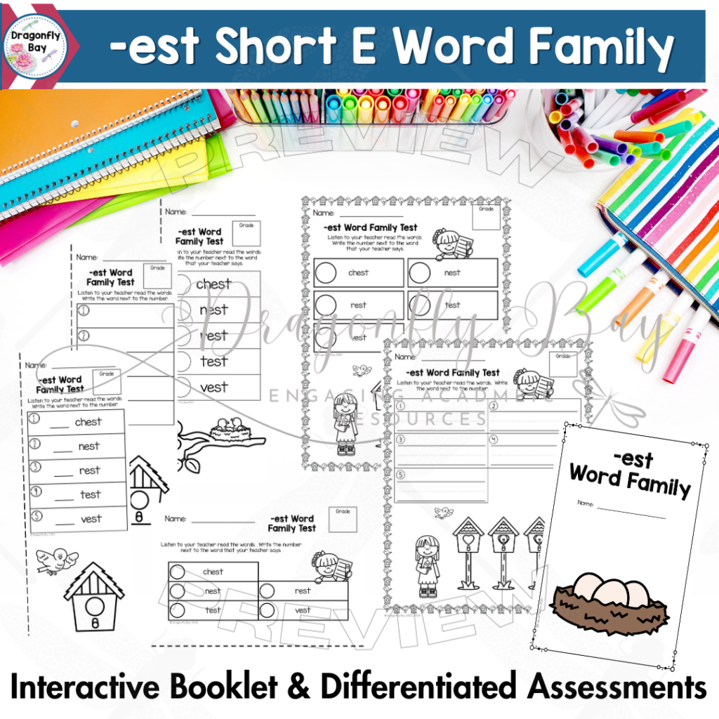 est Short E Word Family Phonics Blending and Spelling Printable ...