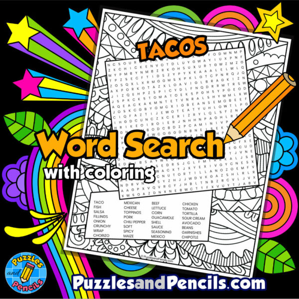 Tacos Word Search Puzzle with Coloring | Wordsearch | Made By Teachers