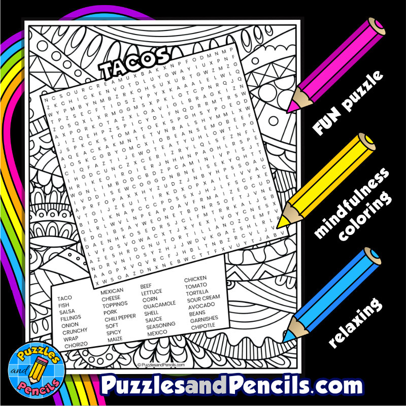 Tacos Word Search Puzzle with Coloring | Wordsearch | Made By Teachers