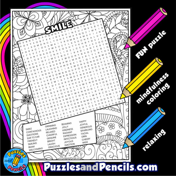 Smile Word Search Puzzle with Coloring | Wordsearch | Made By Teachers