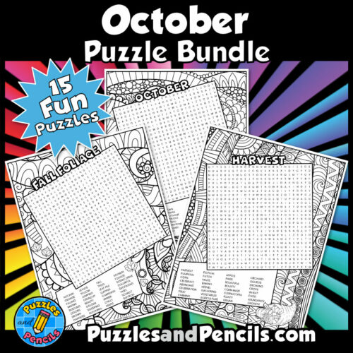 October Word Search Puzzle Activity Page BUNDLE | 15 Wordsearch Puzzles ...