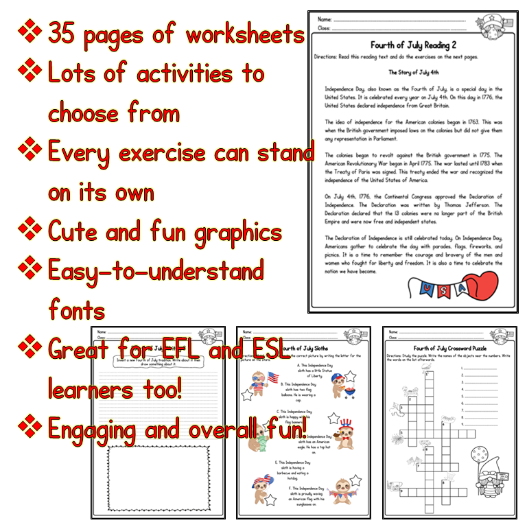 Fourth of July | Independence Day No-Prep ELA Worksheets | Made By Teachers