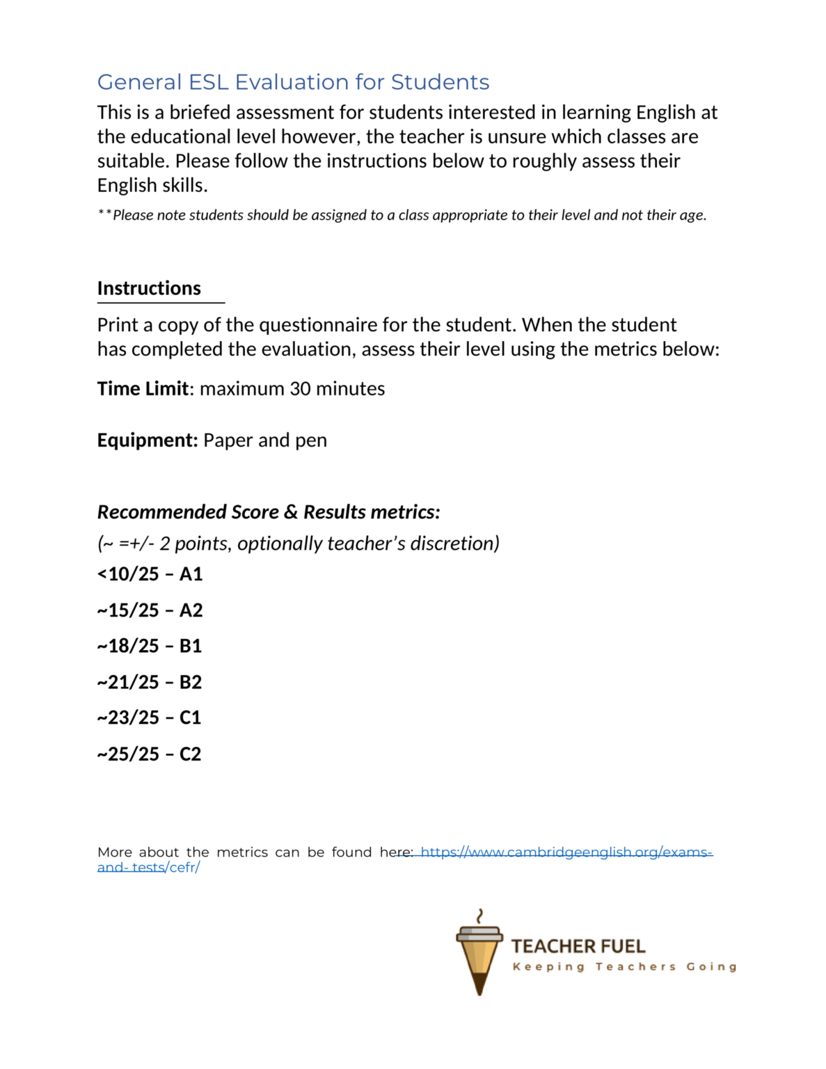 FREE 25 Multiple Choice Questionnaire for English LVL Assessment ...