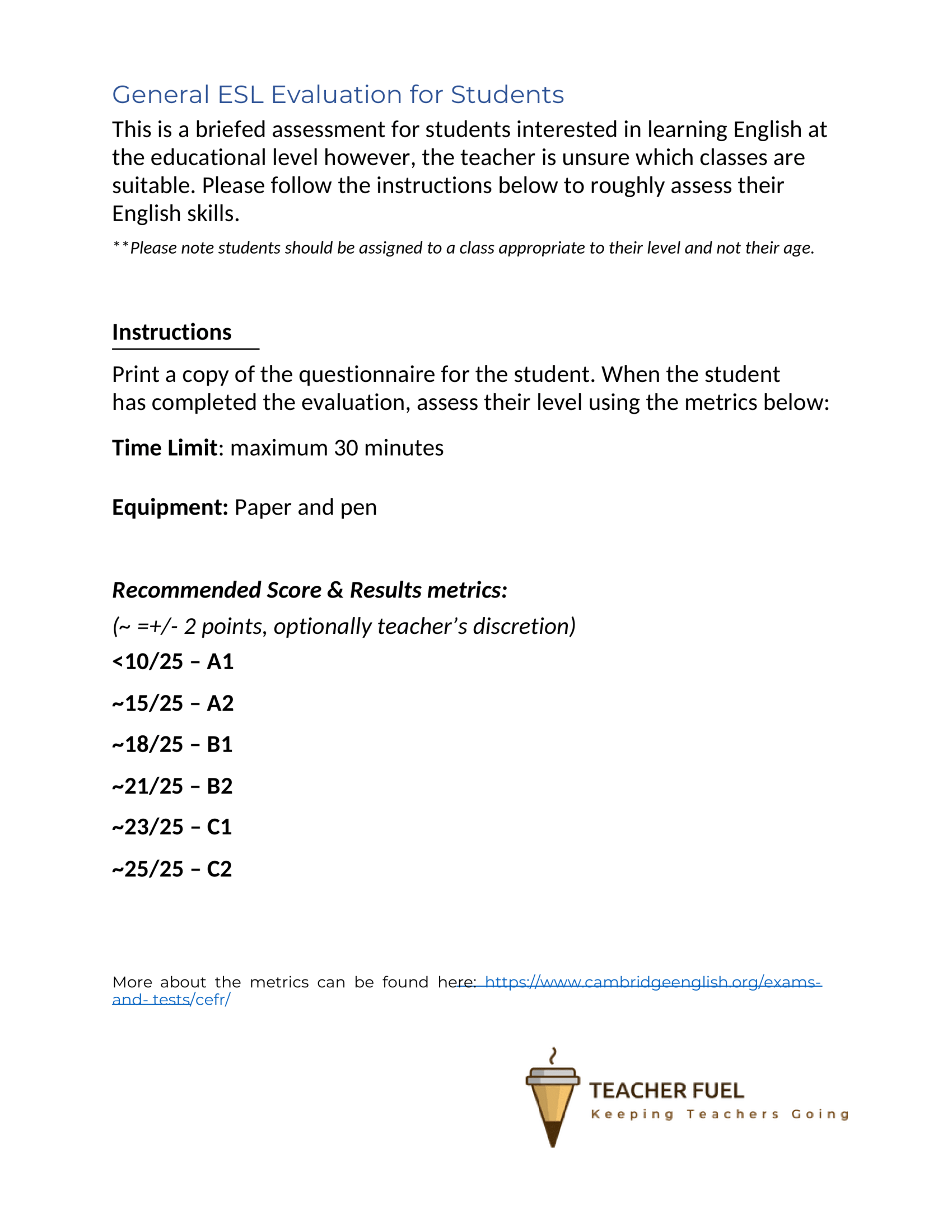 FREE 25 Multiple Choice Questionnaire for English LVL Assessment ...