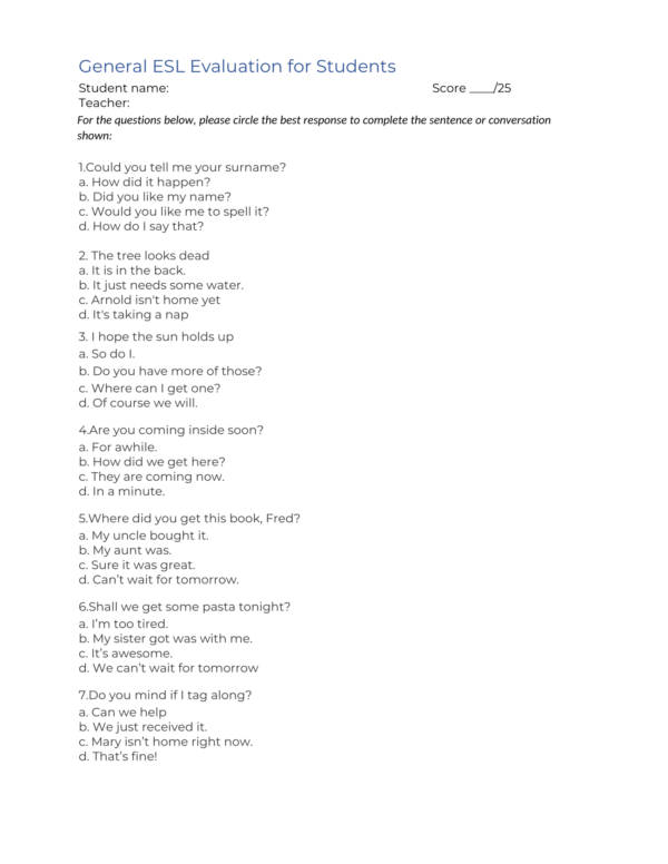 FREE 25 Multiple Choice Questionnaire for English LVL Assessment ...