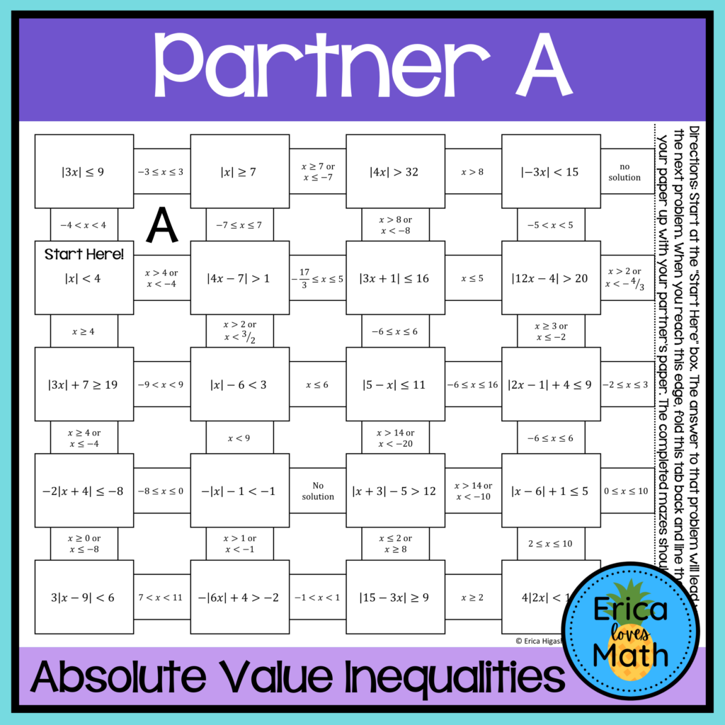 Solving Absolute Value Inequalities Activity Partner Maze | Made By ...
