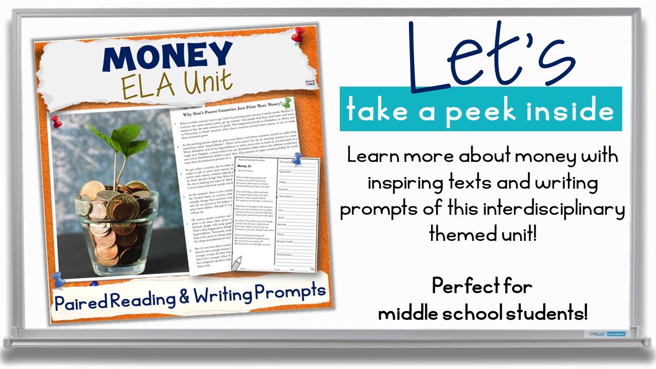 Money Unit - Middle School Paired Reading, Writing Prompts - Print and ...
