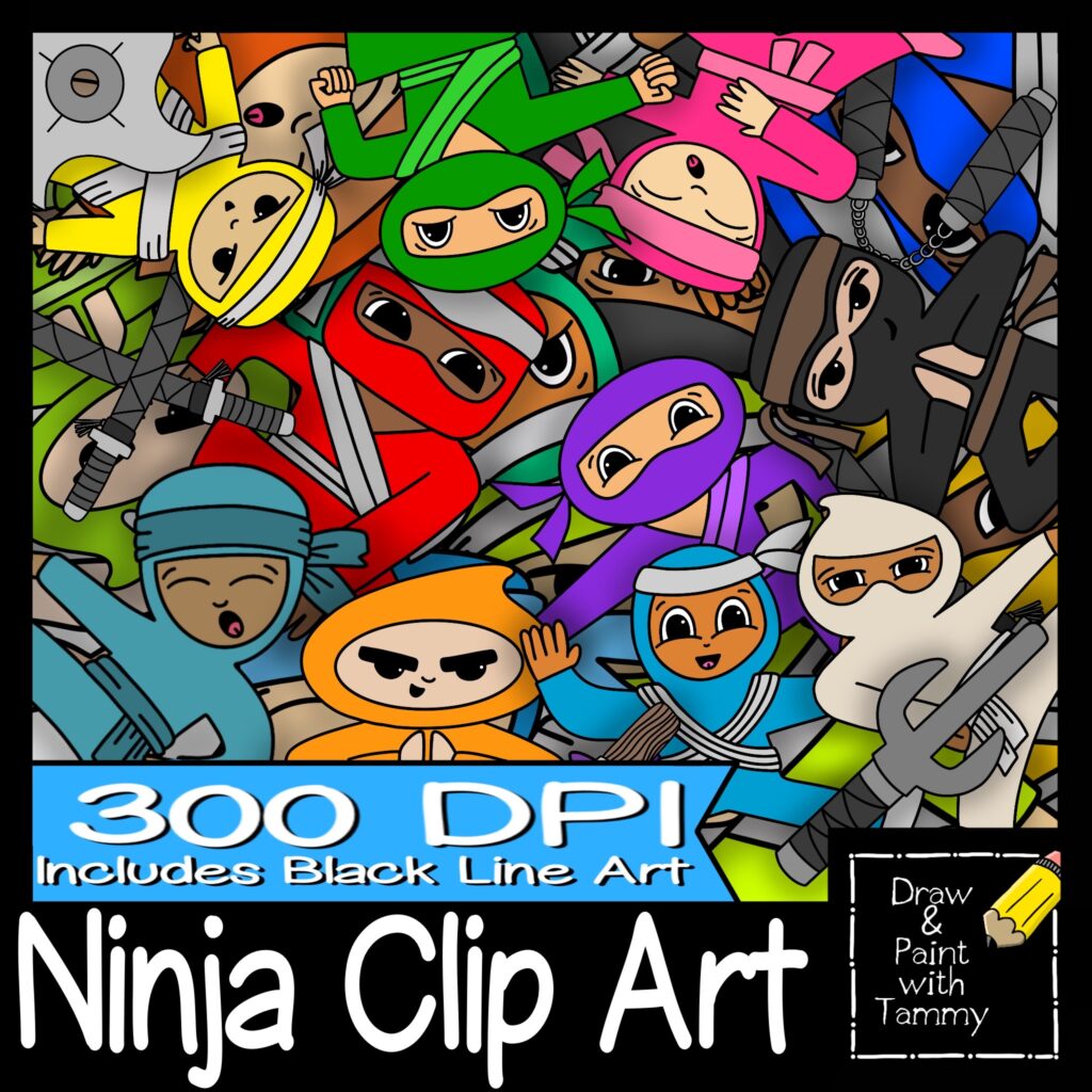 Ninja Clip Art Set with Ninja themed Coloring pages full color and line ...