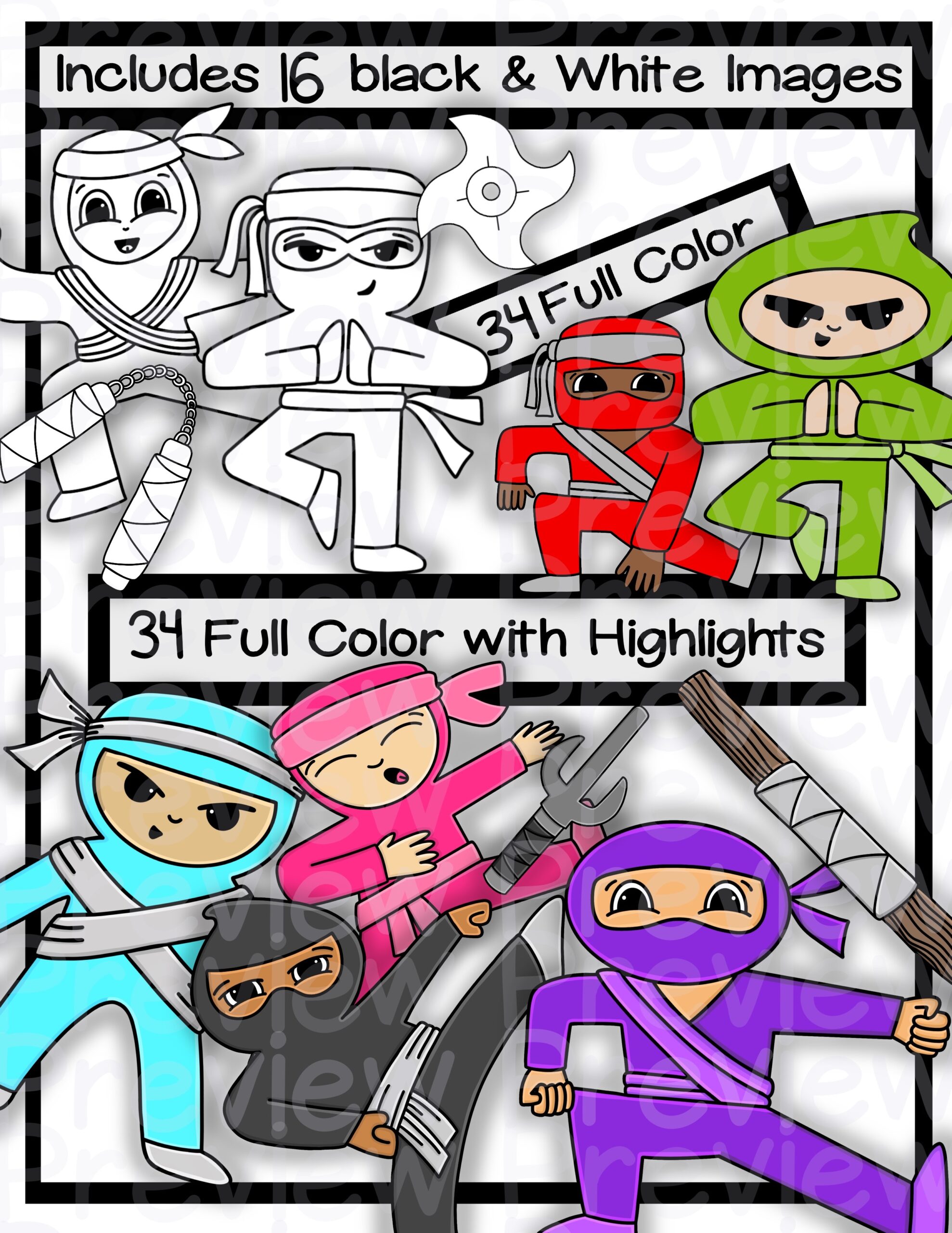 Ninja Clip Art Set with Ninja themed Coloring pages full color and line ...