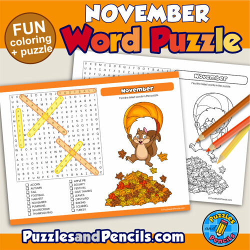 November Word Search Puzzle Activity and Coloring | November Wordsearch ...