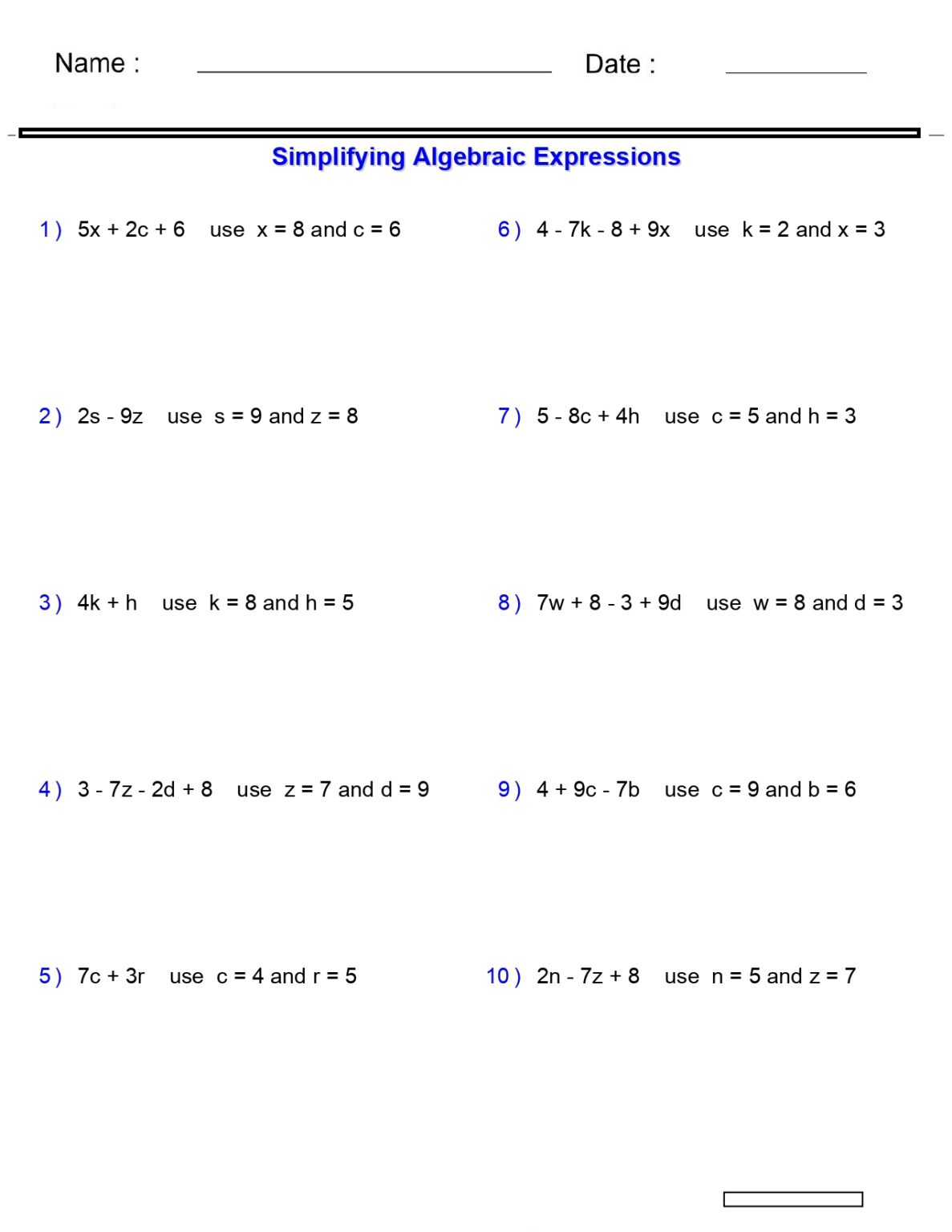 Algebraic Expressions Evaluating Two Variables Worksheets - 2-3-4 Terms ...