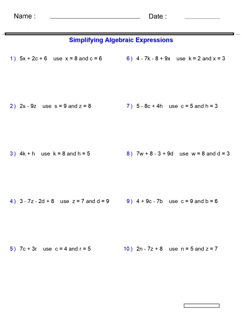 Algebraic Expressions Evaluating Two Variables Worksheets - 2-3-4 Terms ...