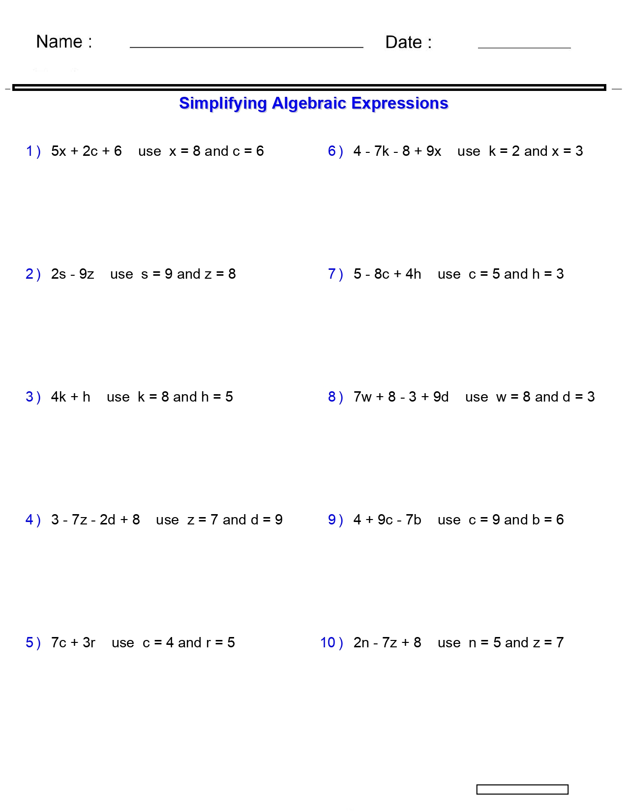 Algebraic Expressions Evaluating Two Variables Worksheets - 2-3-4 Terms ...