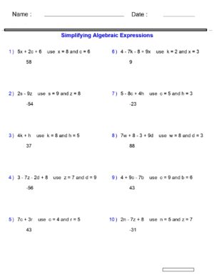 Algebraic Expressions Evaluating Two Variables Worksheets - 2-3-4 Terms ...