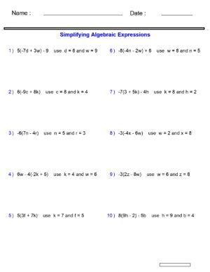 Algebraic Expressions Evaluating Two Variables Worksheets 3- 4 Terms ...