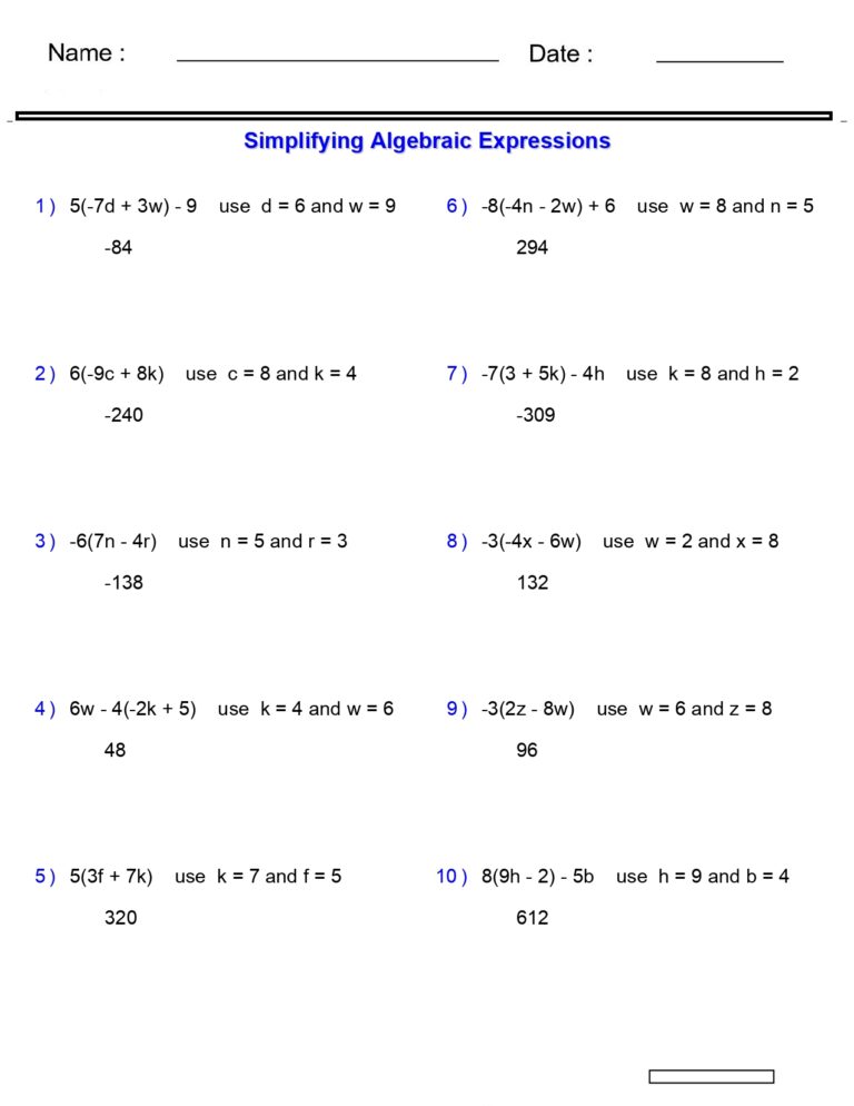 Algebraic Expressions Evaluating Two Variables Worksheets 3- 4 Terms ...