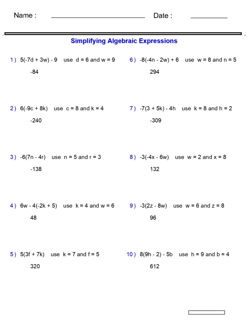 Algebraic Expressions Evaluating Two Variables Worksheets 3 4 Terms