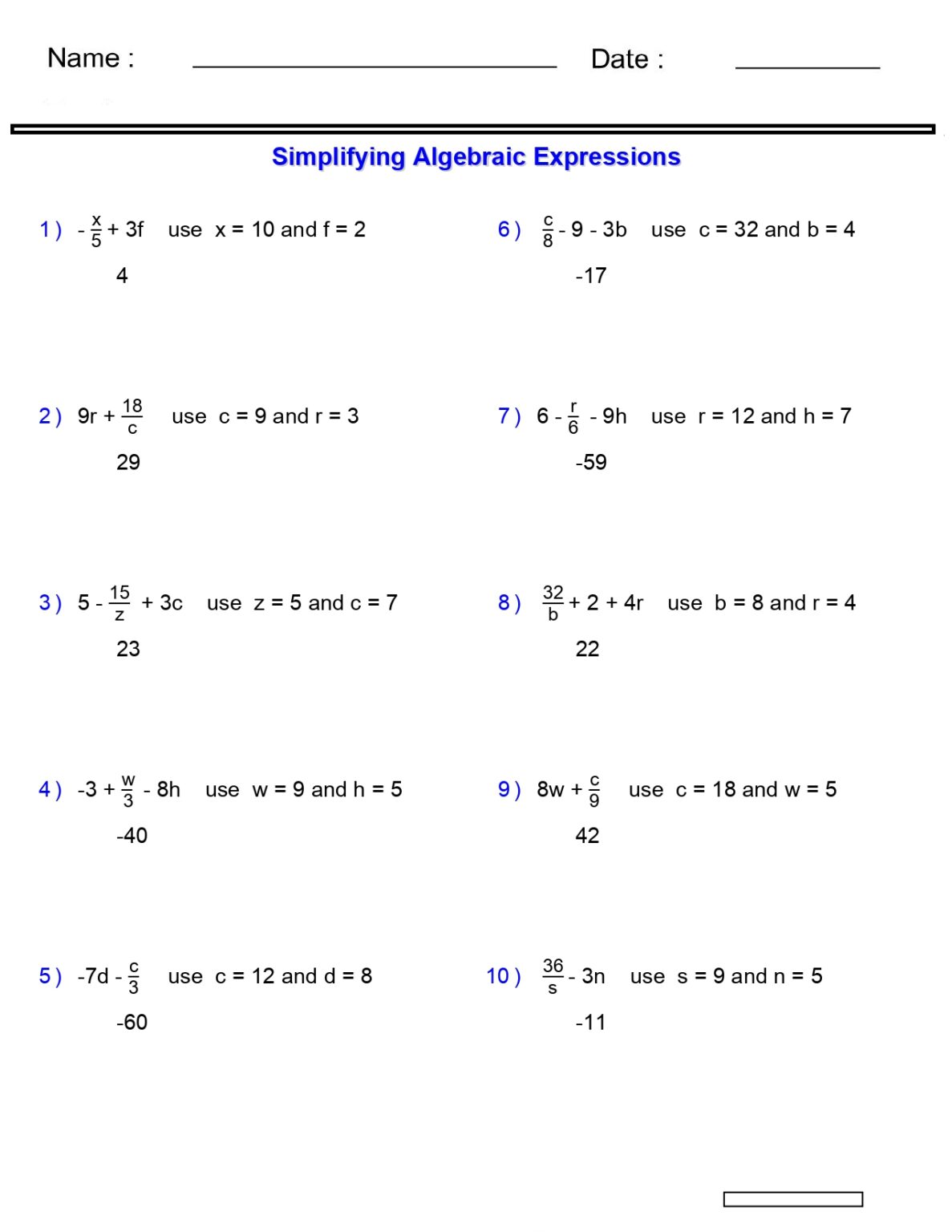 Algebraic Expressions Evaluating Two Variables Worksheets 2- 3 Terms ...