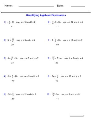Algebraic Expressions Evaluating Two Variables Worksheets 2- 3 Terms ...