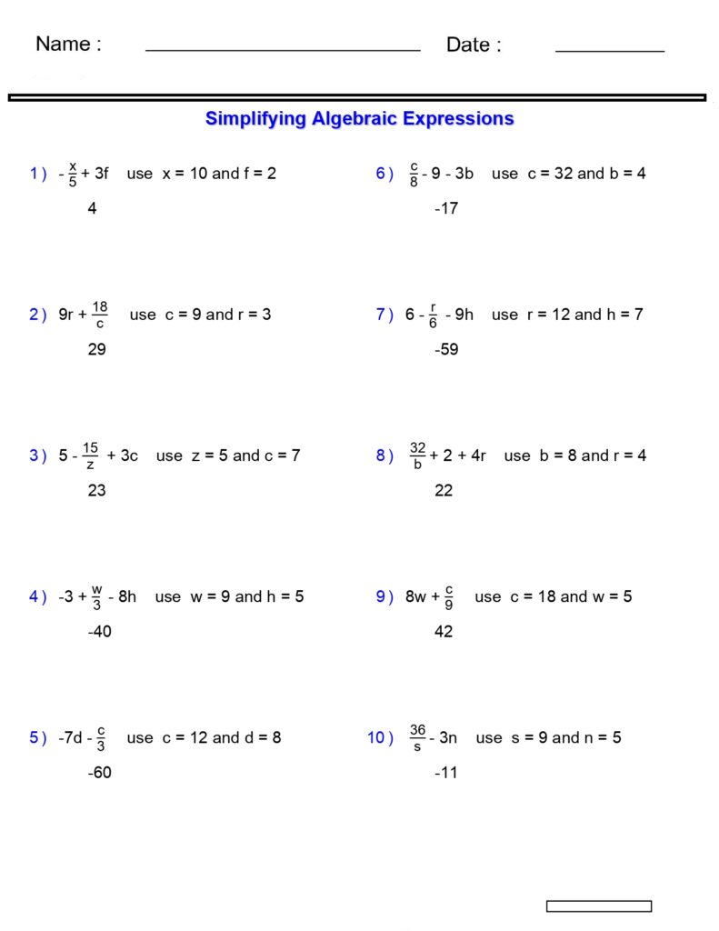 Algebraic Expressions Evaluating Two Variables Worksheets 2- 3 Terms ...