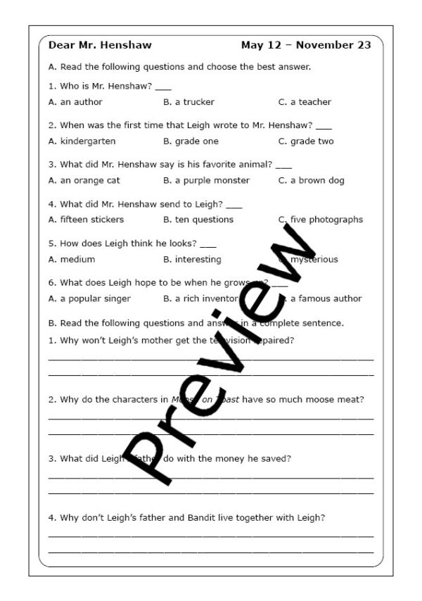 Beverly Cleary "Dear Mr. Henshaw" worksheets | Made By Teachers