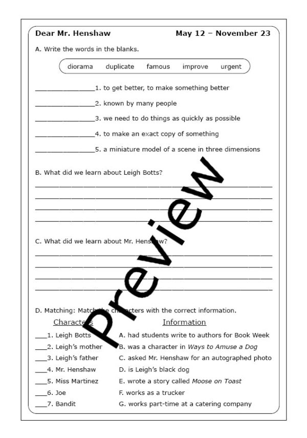 Beverly Cleary "Dear Mr. Henshaw" worksheets | Made By Teachers