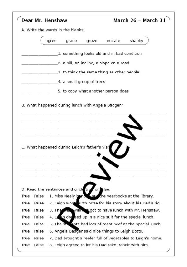 Beverly Cleary "Dear Mr. Henshaw" worksheets | Made By Teachers