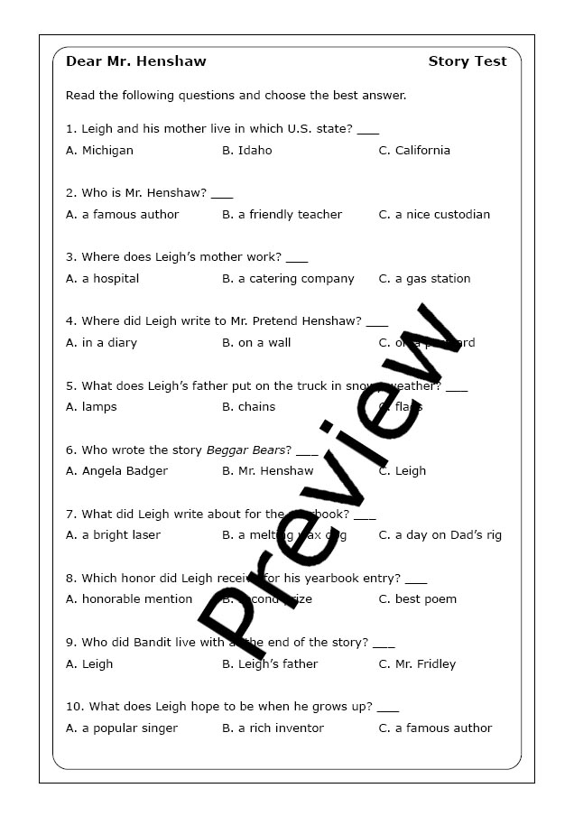 Beverly Cleary "Dear Mr. Henshaw" worksheets | Made By Teachers