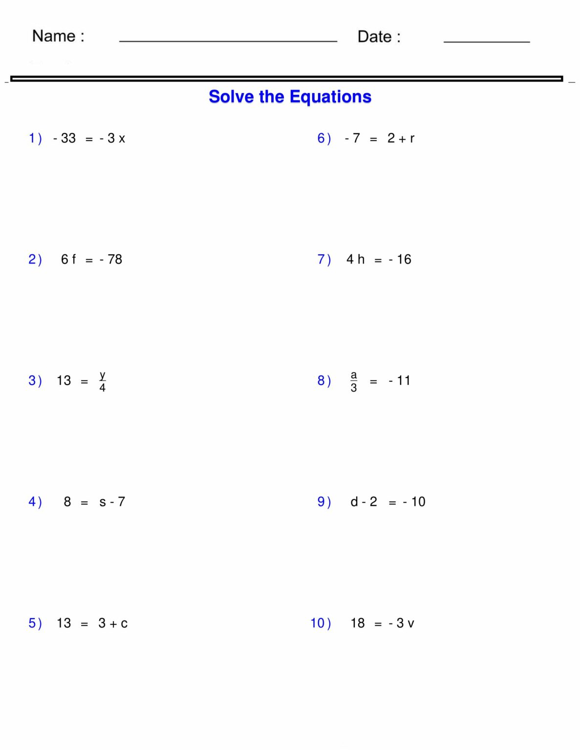 Pre-Algebra - Equations - One Step Equations Containing Integers ...