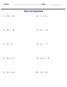 Pre-Algebra - Equations - One Step Equations Containing Integers ...