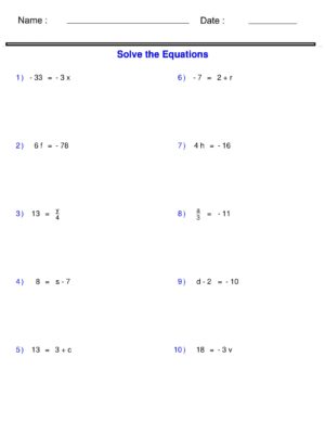 Pre-Algebra - Equations - One Step Equations Containing Integers ...