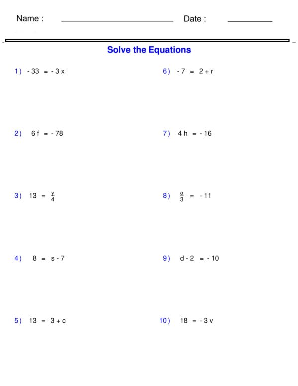 Pre-Algebra - Equations - One Step Equations Containing Integers ...