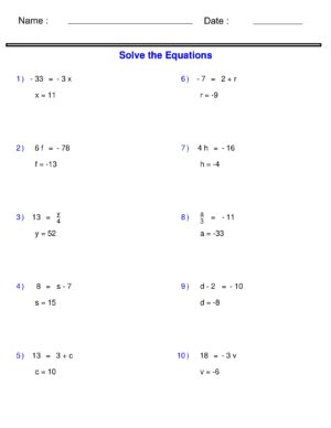 Pre-Algebra - Equations - One Step Equations Containing Integers ...