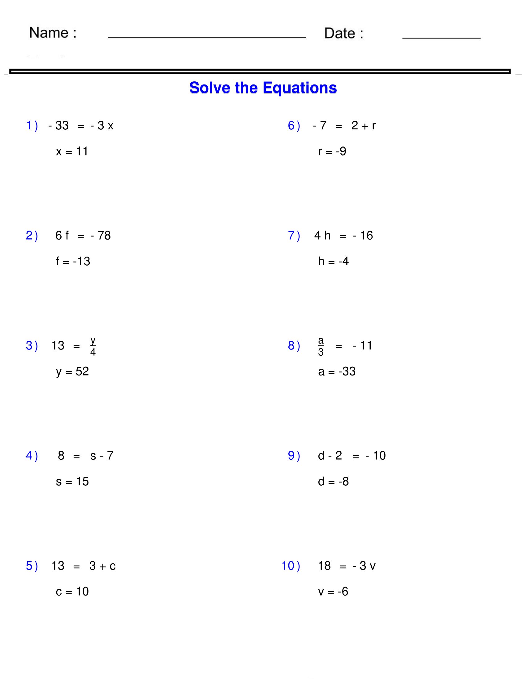 Pre Algebra Equations One Step Equations Containing Integers