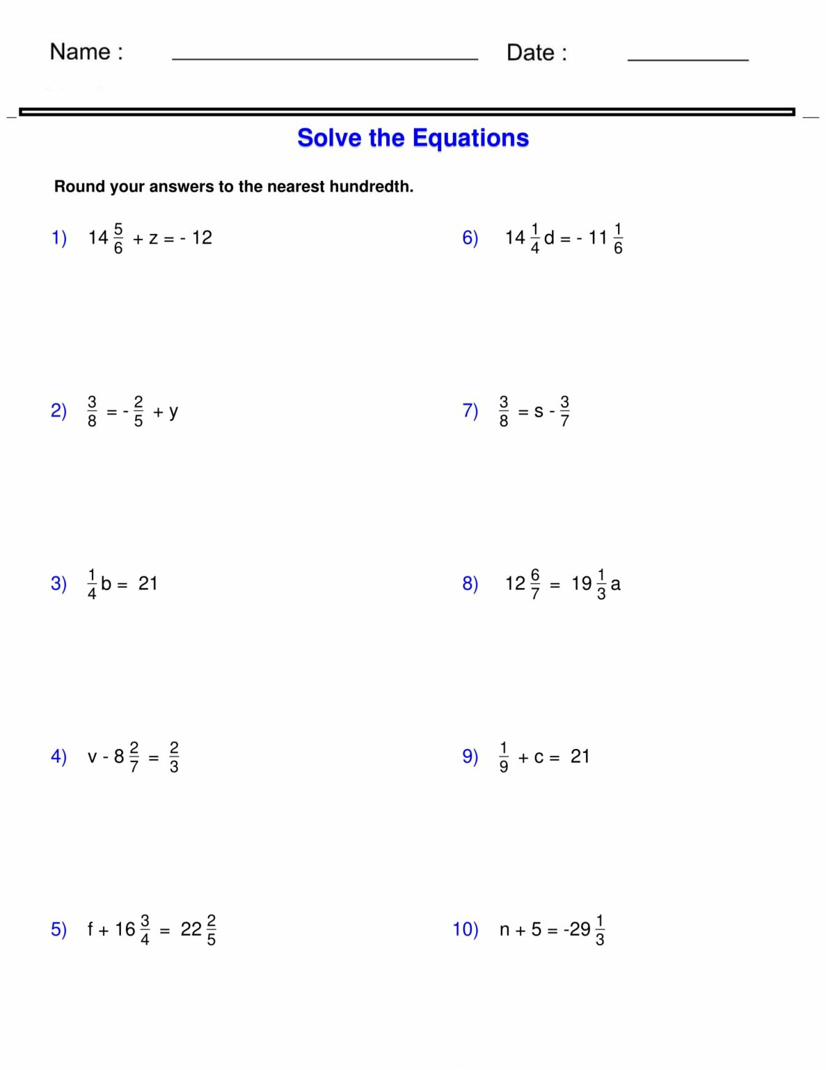 Pre-Algebra - Equations - One Step Equations Containing Fractions ...