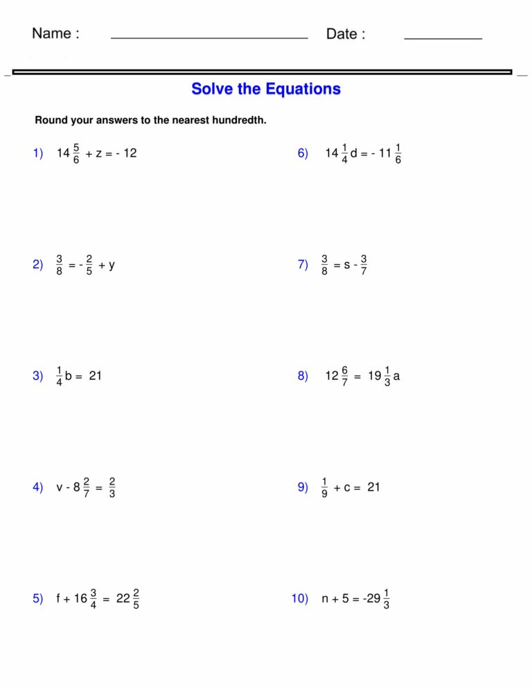 Pre-Algebra - Equations - One Step Equations Containing Fractions ...
