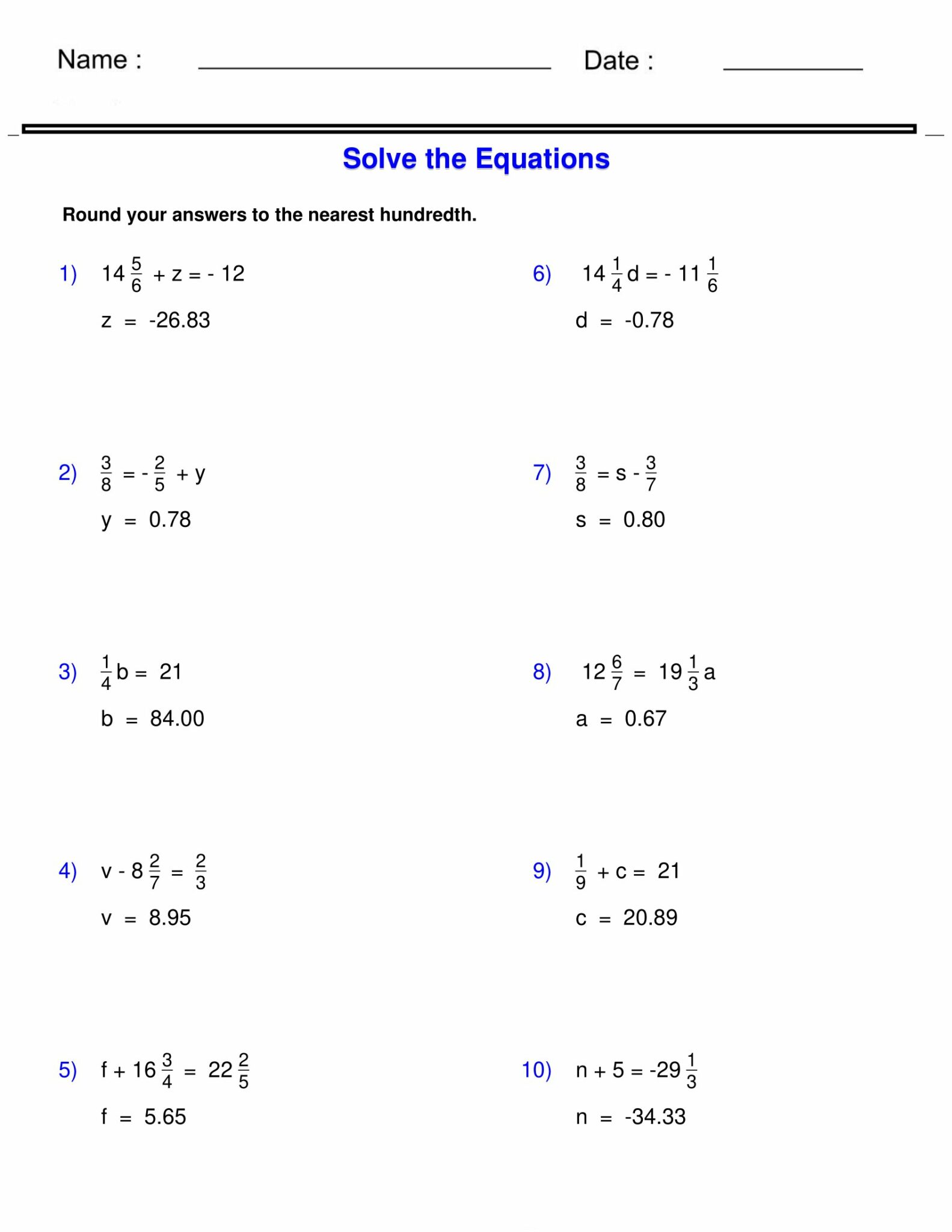 Pre-Algebra - Equations - One Step Equations Containing Fractions ...