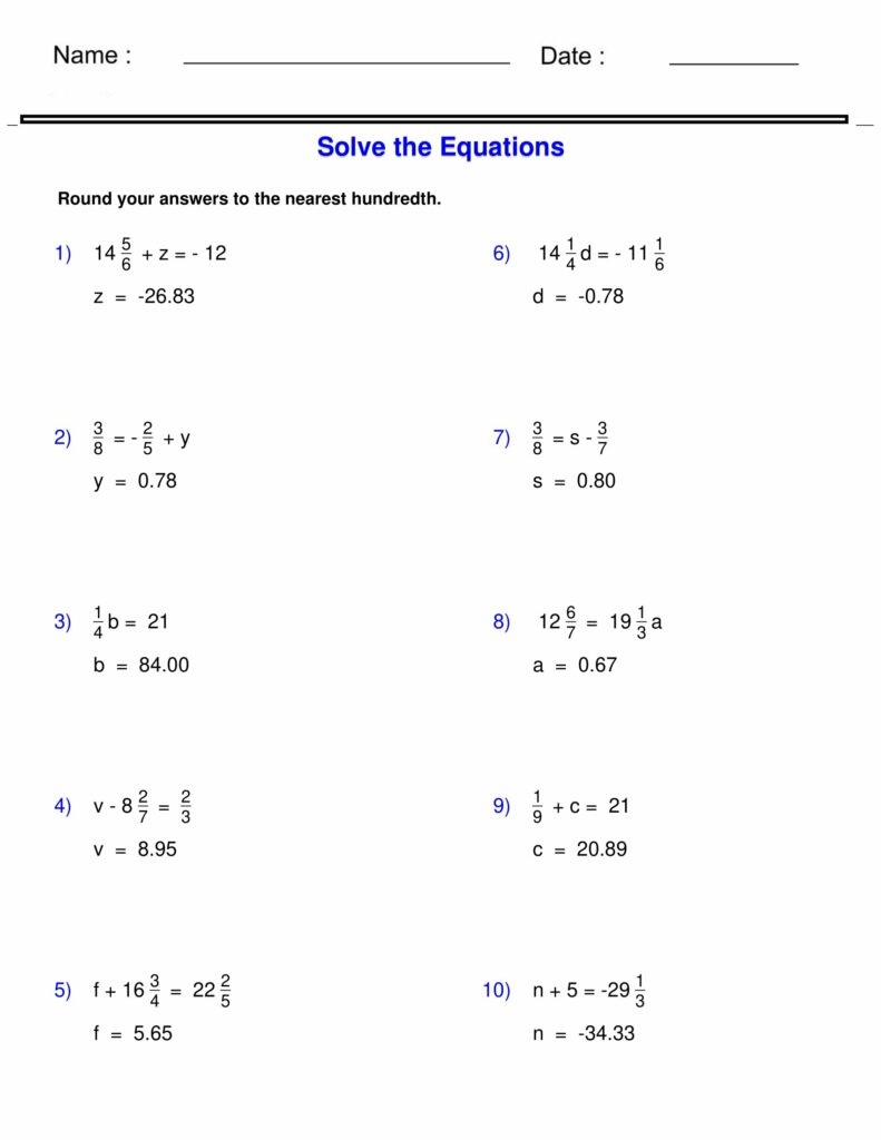 Pre-Algebra - Equations - One Step Equations Containing Fractions ...