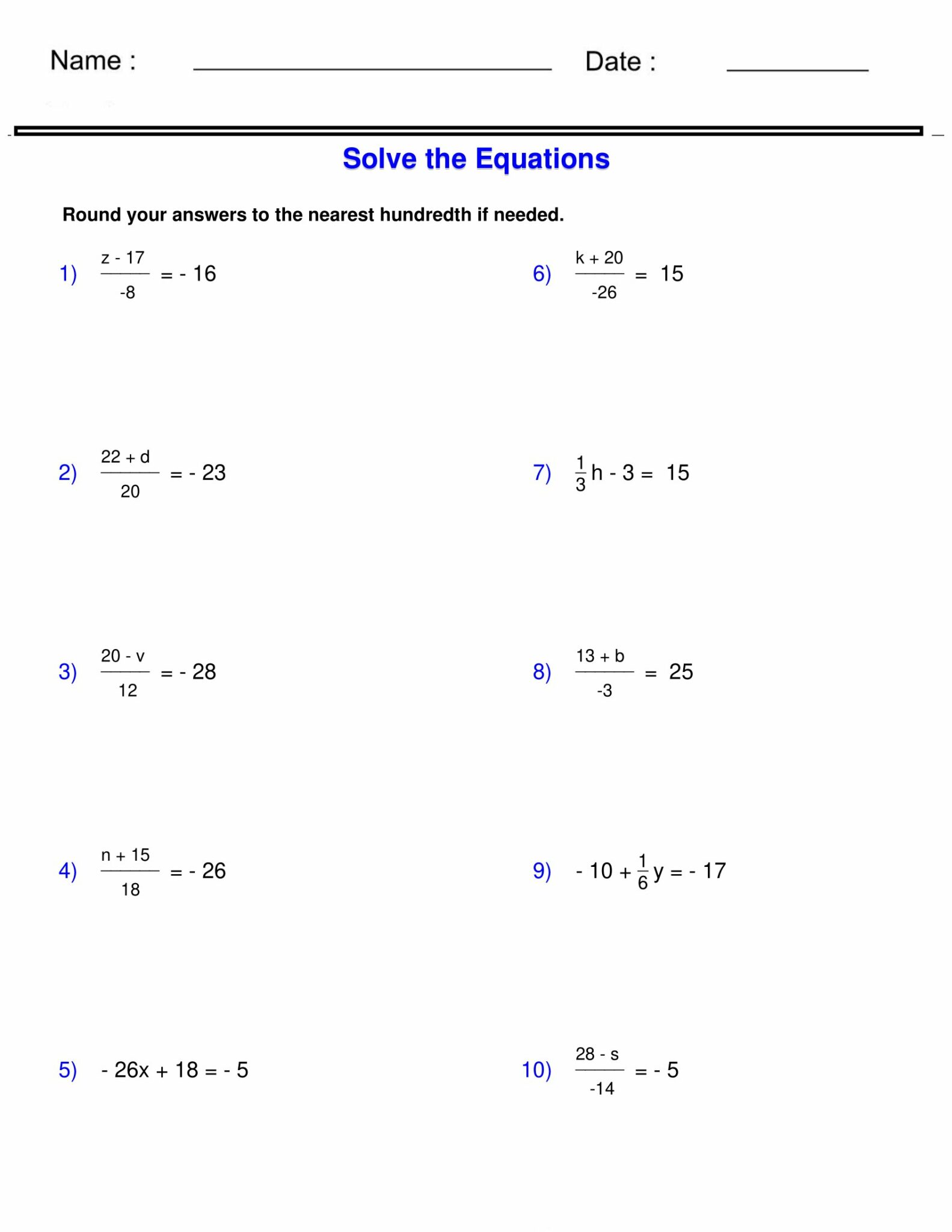 Pre-Algebra - Equations - Two Step Equations Containing Integers ...
