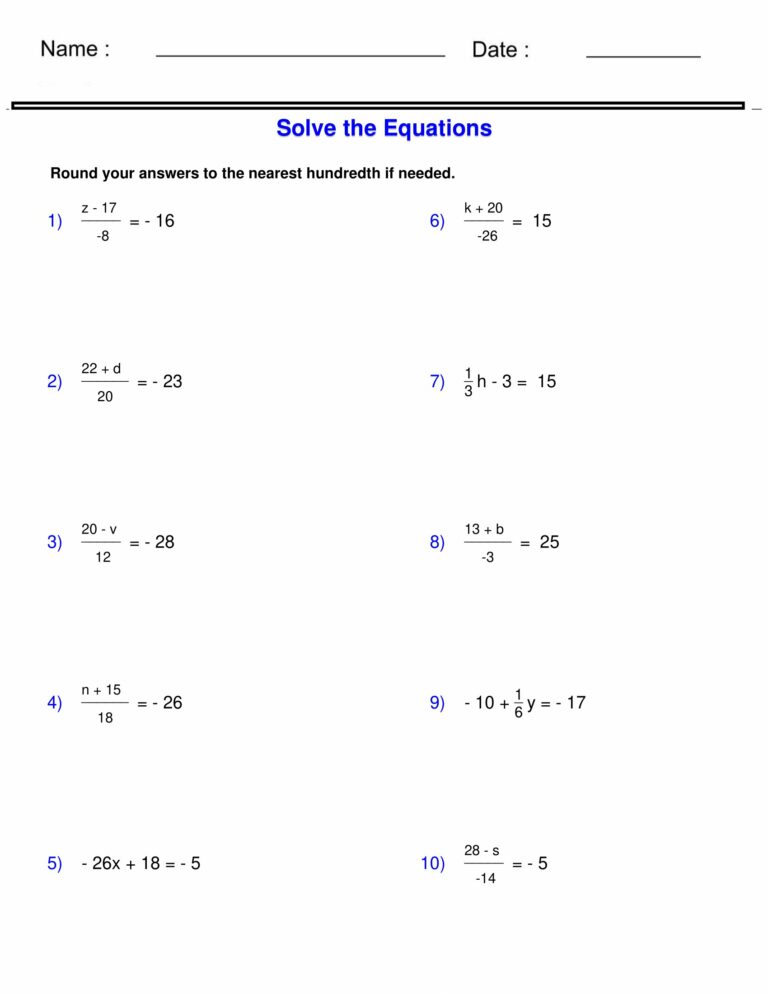 Pre-Algebra - Equations - Two Step Equations Containing Integers ...